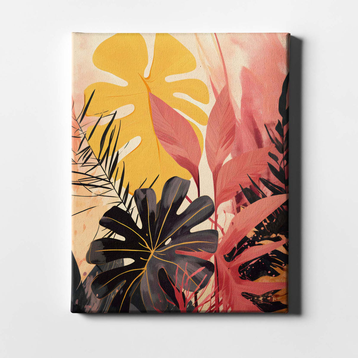 Tropical Radiance I – Pink and Yellow Monstera Leaf Print on Blush Bac ...