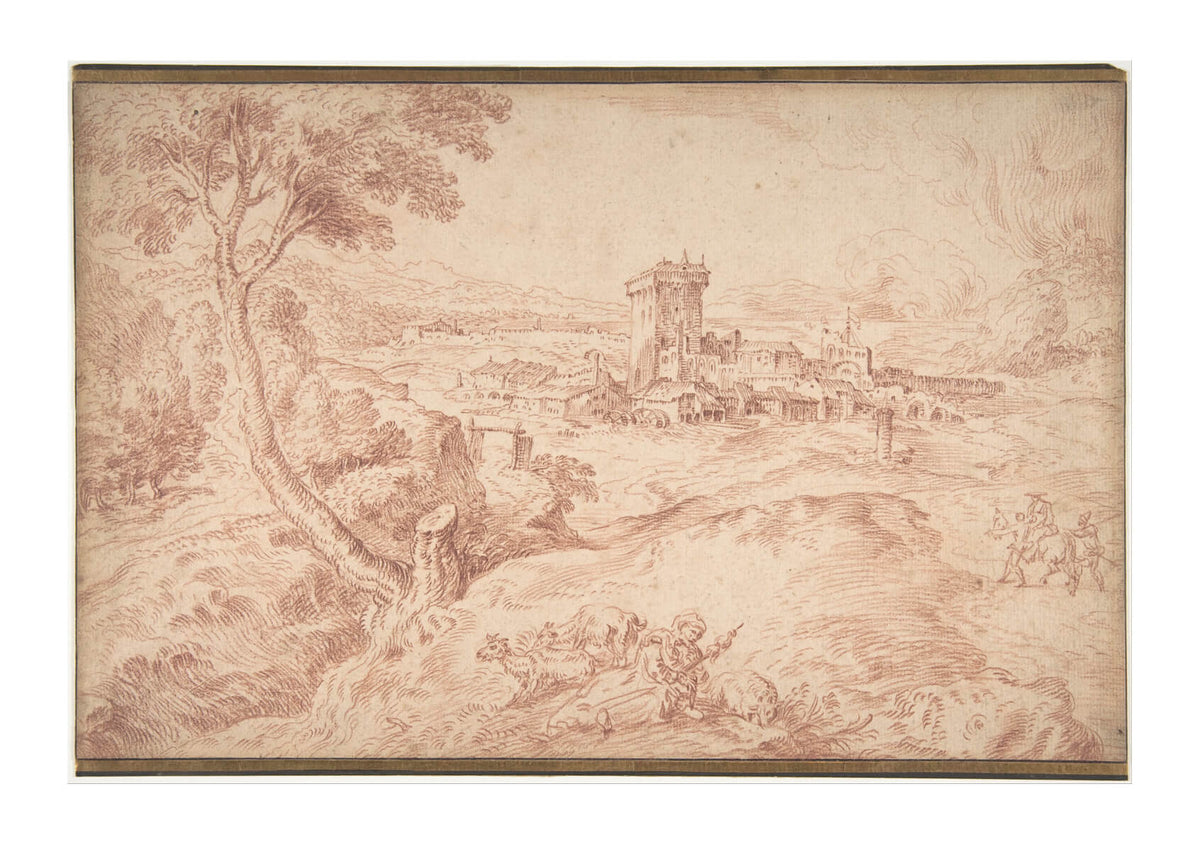 Jean Antoine Watteau - Landscape with an Old Woman Holding a Spindle ...